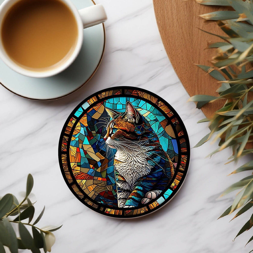 Cat Coaster with Stained Glass Motif, Eco-Friendly Ceramic – The Pink Pigs