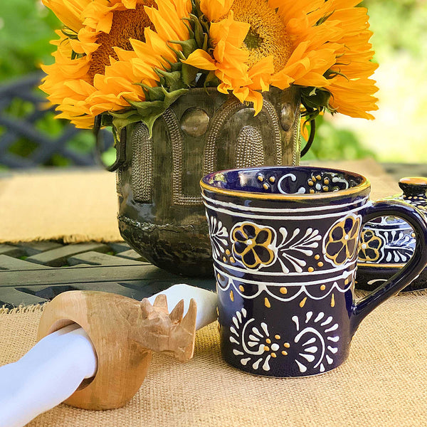 Encantada Flared Mugs Deep Blue Floral Pattern Handmade Mexican Art ...